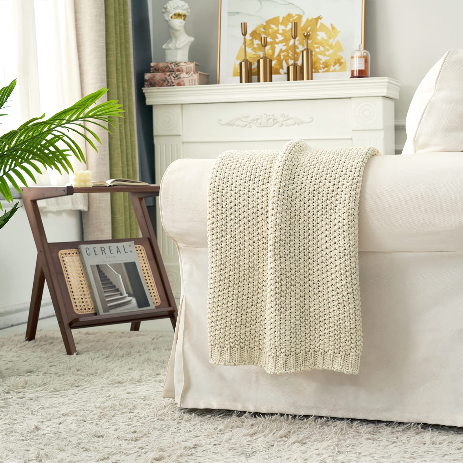 Longhui bedding Chunky Cable Knit Throw Blanket Lightweight Cream 100% Organic Cotton Blanket for Sofa Couch Bed Baby Nursery, Rustic Shabby Chic Modern Farmhouse, 51β x 63β Give Laundering Bag