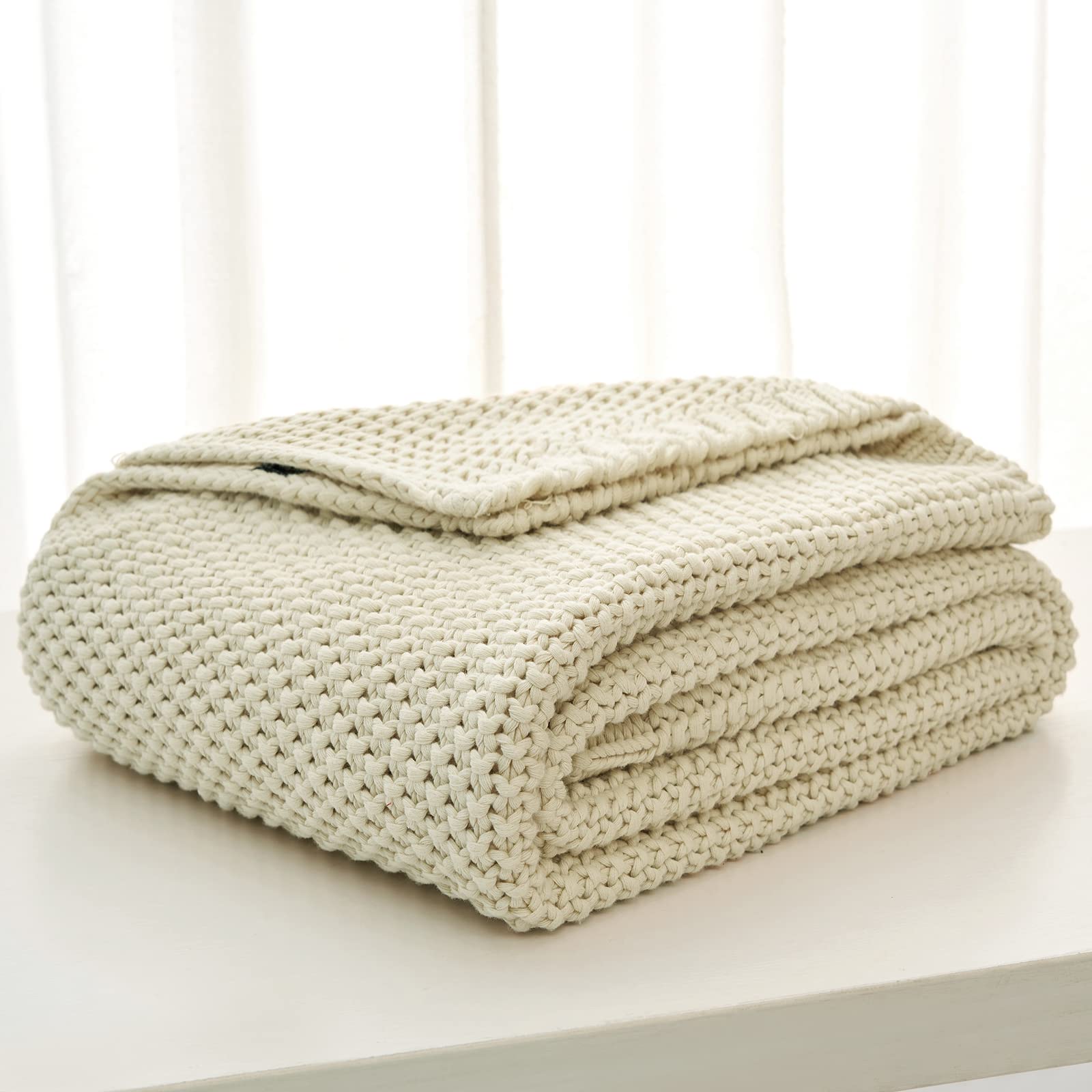 Longhui bedding Chunky Cable Knit Throw Blanket Lightweight Cream 100% Organic Cotton Blanket for Sofa Couch Bed Baby Nursery, Rustic Shabby Chic Modern Farmhouse, 51β x 63β Give Laundering Bag
