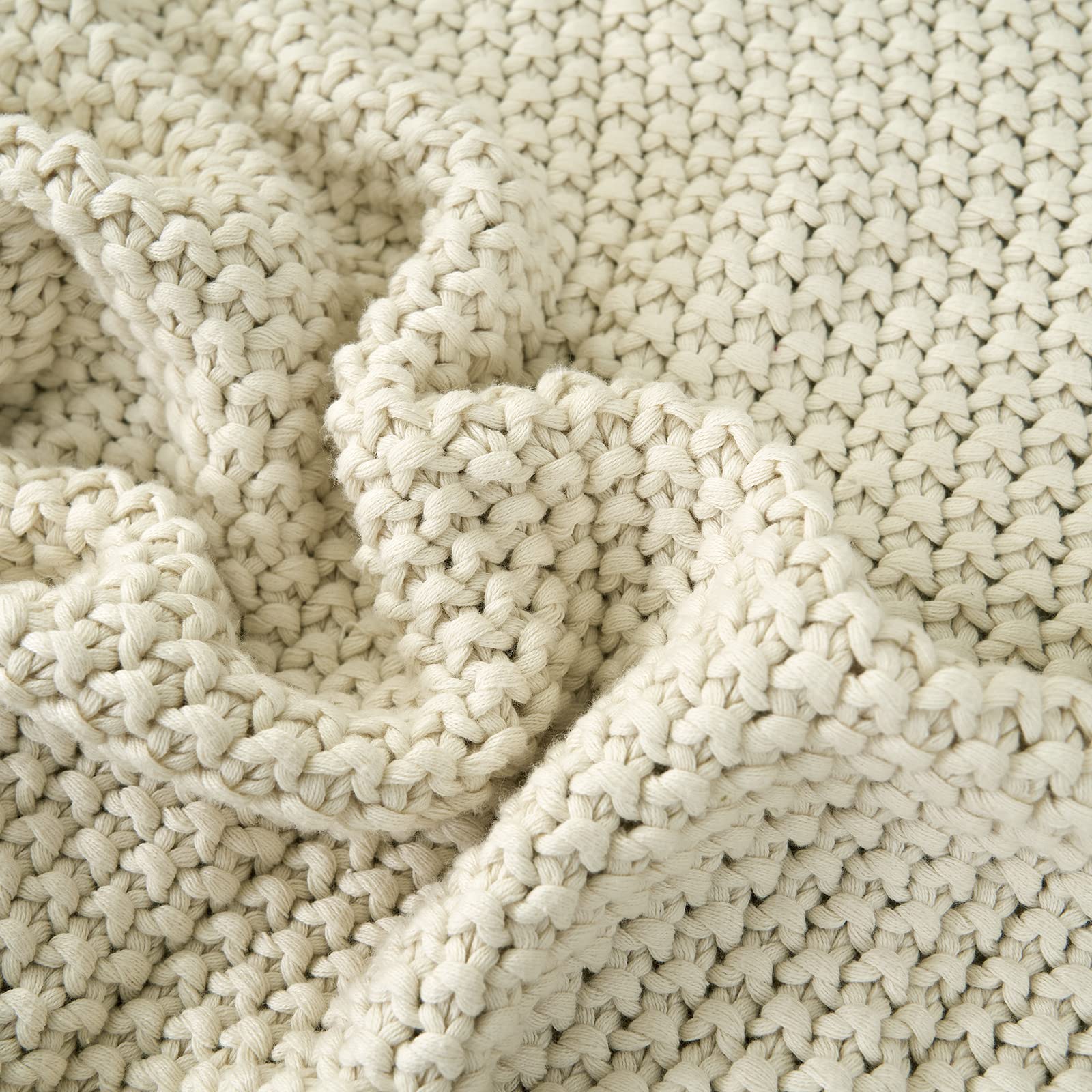 Longhui bedding Chunky Cable Knit Throw Blanket Lightweight Cream 100% Organic Cotton Blanket for Sofa Couch Bed Baby Nursery, Rustic Shabby Chic Modern Farmhouse, 51β x 63β Give Laundering Bag