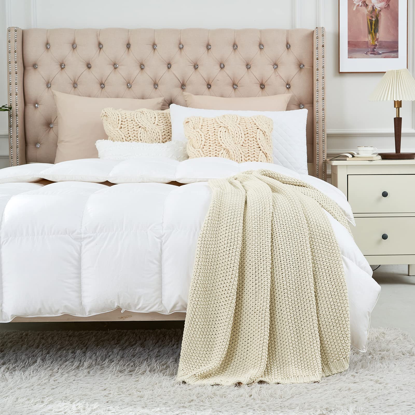 Longhui bedding Chunky Cable Knit Throw Blanket Lightweight Cream 100% Organic Cotton Blanket for Sofa Couch Bed Baby Nursery, Rustic Shabby Chic Modern Farmhouse, 51β x 63β Give Laundering Bag