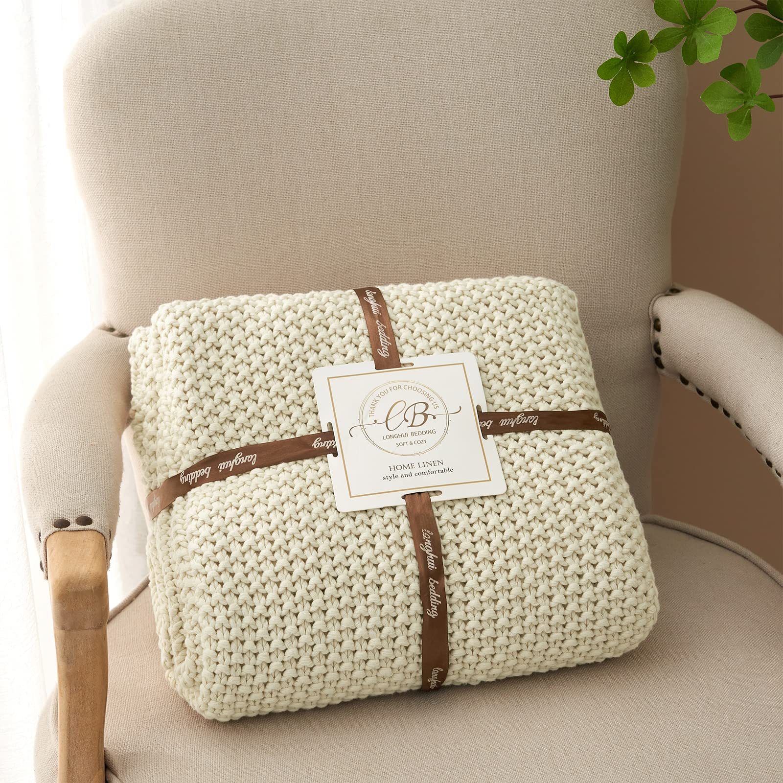 Longhui bedding Chunky Cable Knit Throw Blanket Lightweight Cream 100% Organic Cotton Blanket for Sofa Couch Bed Baby Nursery, Rustic Shabby Chic Modern Farmhouse, 51β x 63β Give Laundering Bag