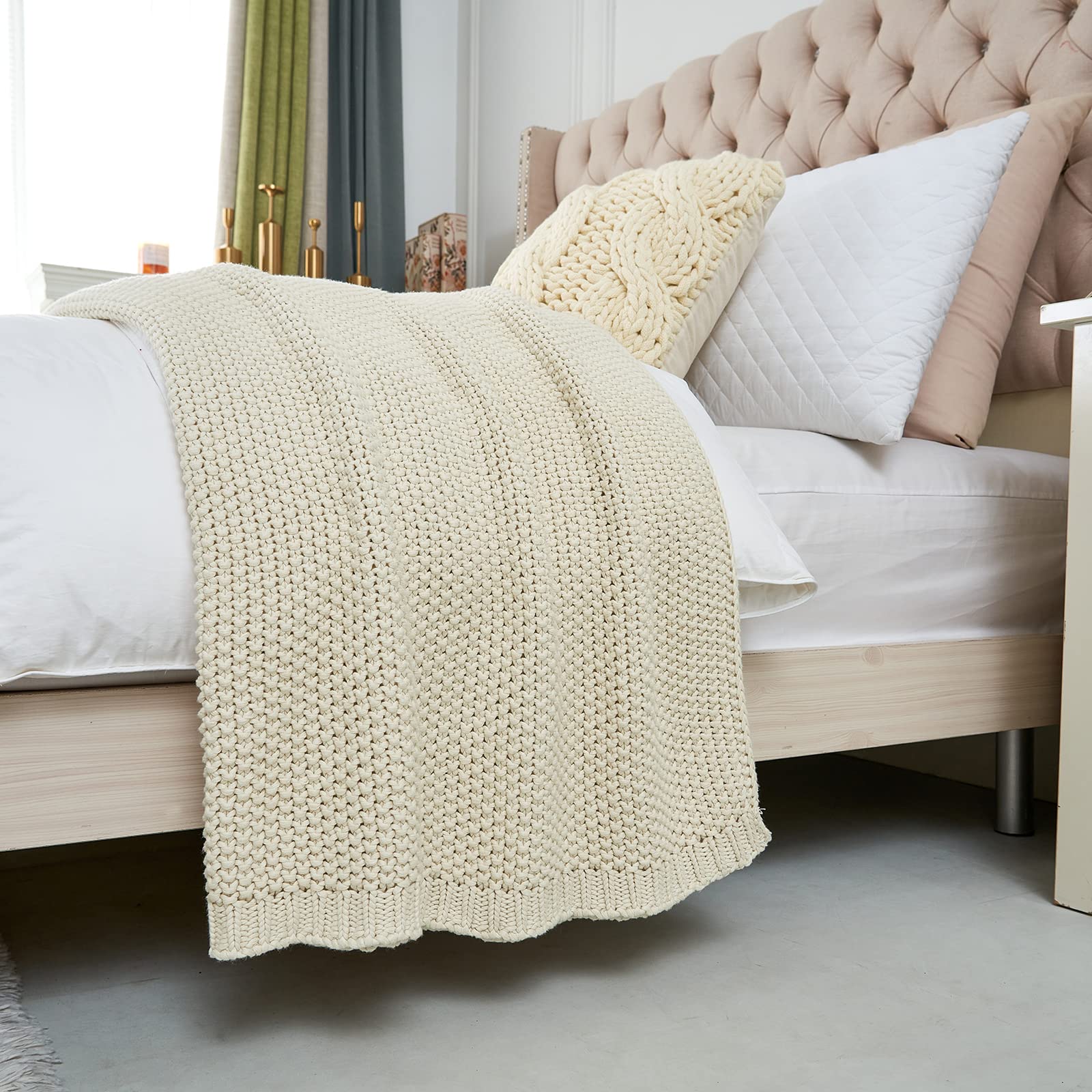 Longhui bedding Chunky Cable Knit Throw Blanket Lightweight Cream 100% Organic Cotton Blanket for Sofa Couch Bed Baby Nursery, Rustic Shabby Chic Modern Farmhouse, 51β x 63β Give Laundering Bag