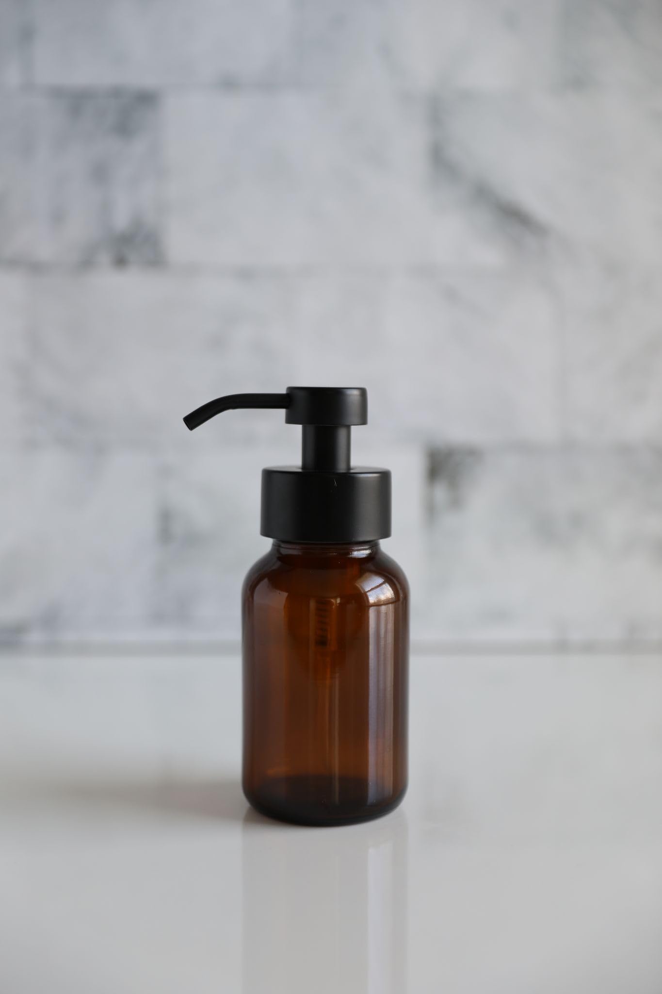 Rail19 Amber Glass Apothecary Foaming Soap Dispenser with Metal Pump - for Kitchen and Bathroom Countertop, 8.5oz (Black)