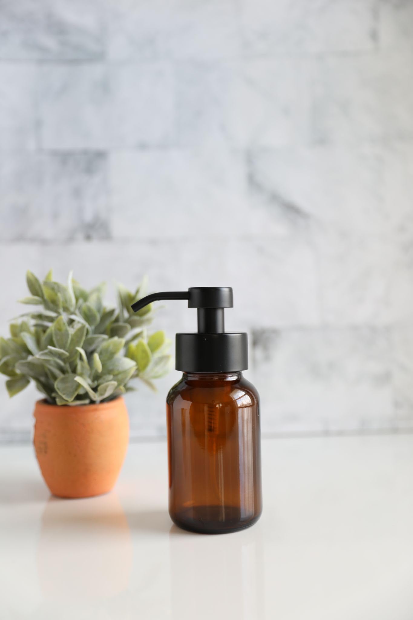 Rail19 Amber Glass Apothecary Foaming Soap Dispenser with Metal Pump - for Kitchen and Bathroom Countertop, 8.5oz (Black)