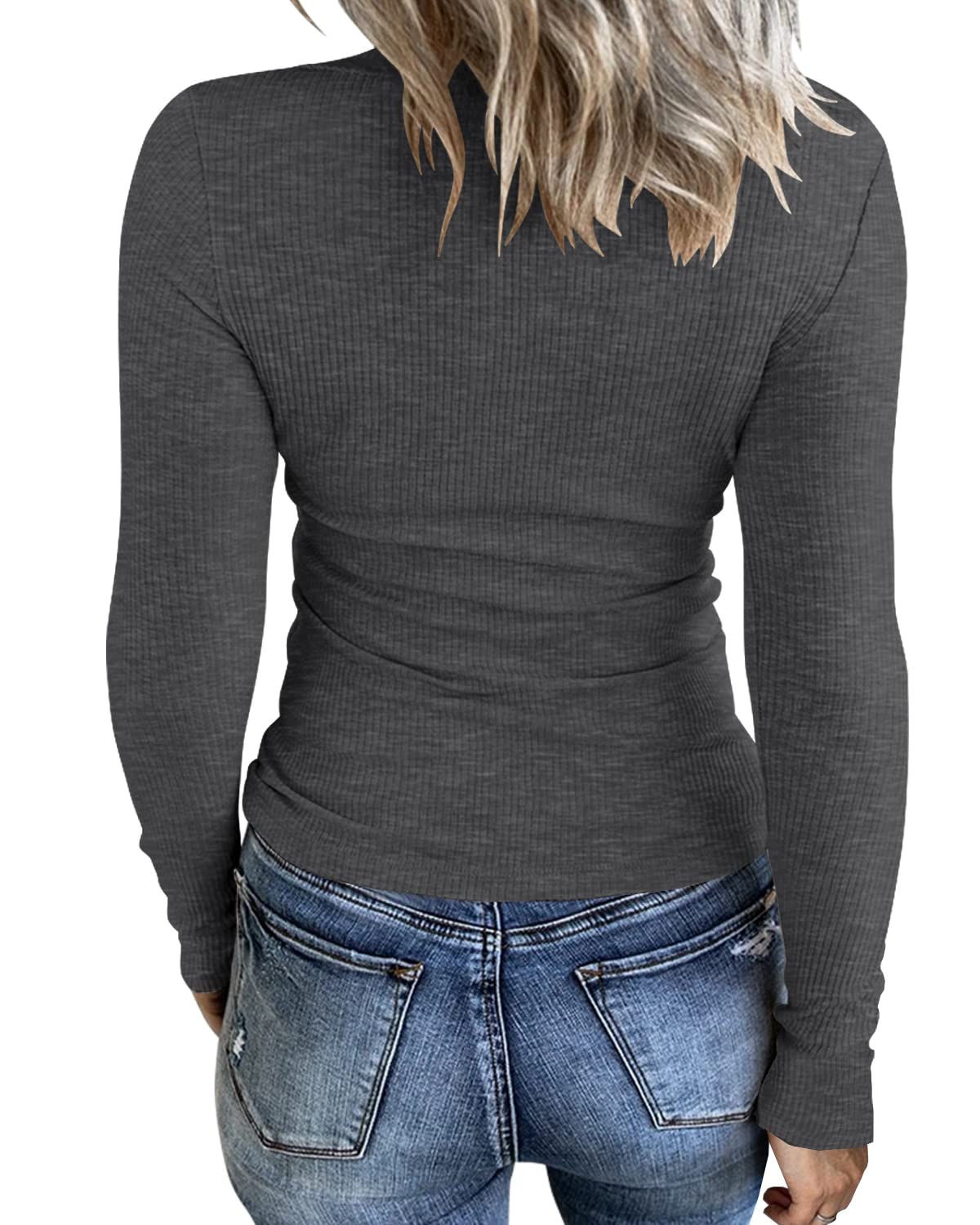 HERILIOS Women Casual Long Sleeve Tunic Tops V-Neck T Shirts Criss Cross Ribbed CasualTee Slim Fitted Fall Blouse Dark Grey