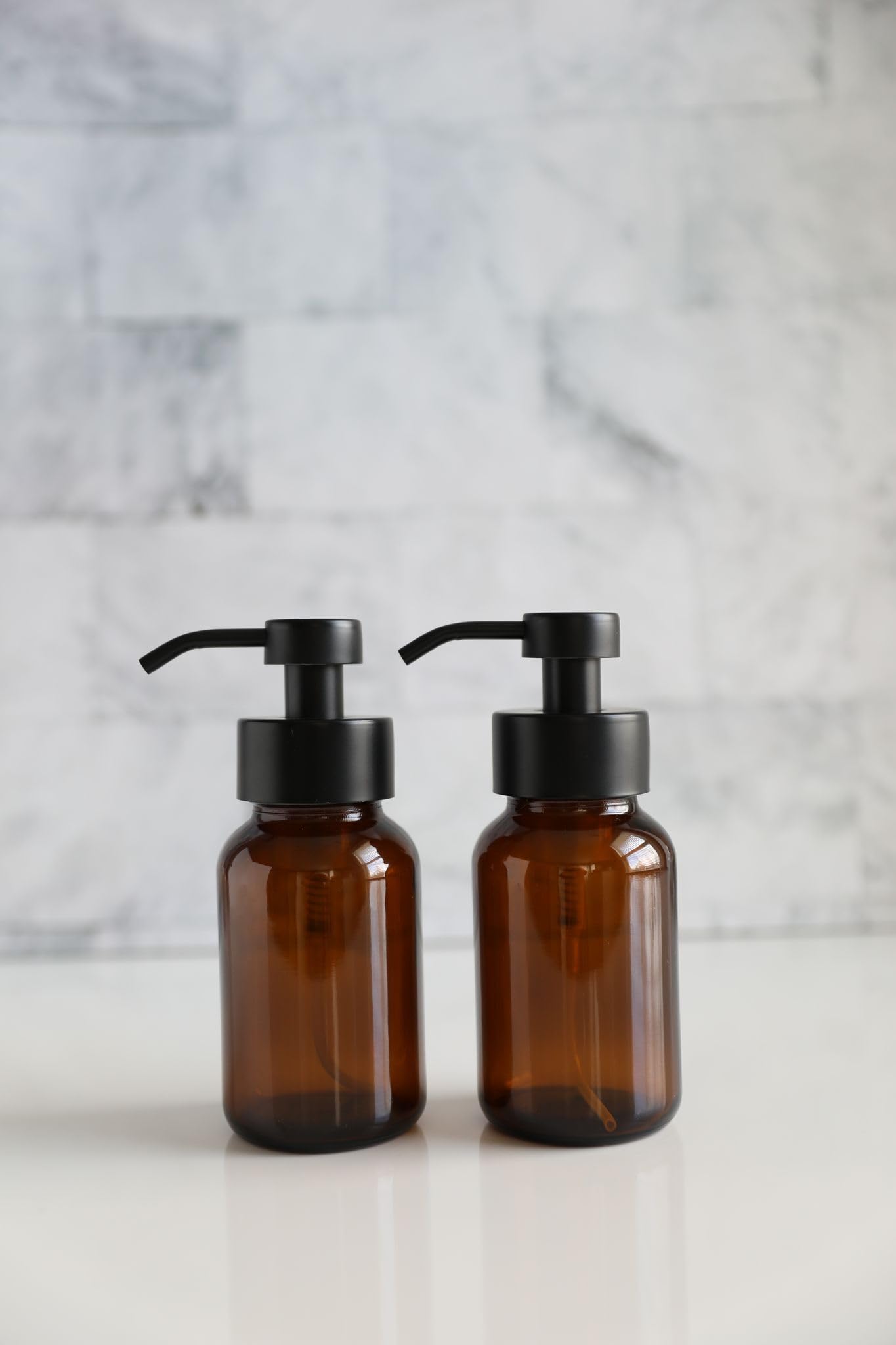 Rail19 Amber Glass Apothecary Foaming Soap Dispenser with Metal Pump - for Kitchen and Bathroom Countertop, 8.5oz (Black)