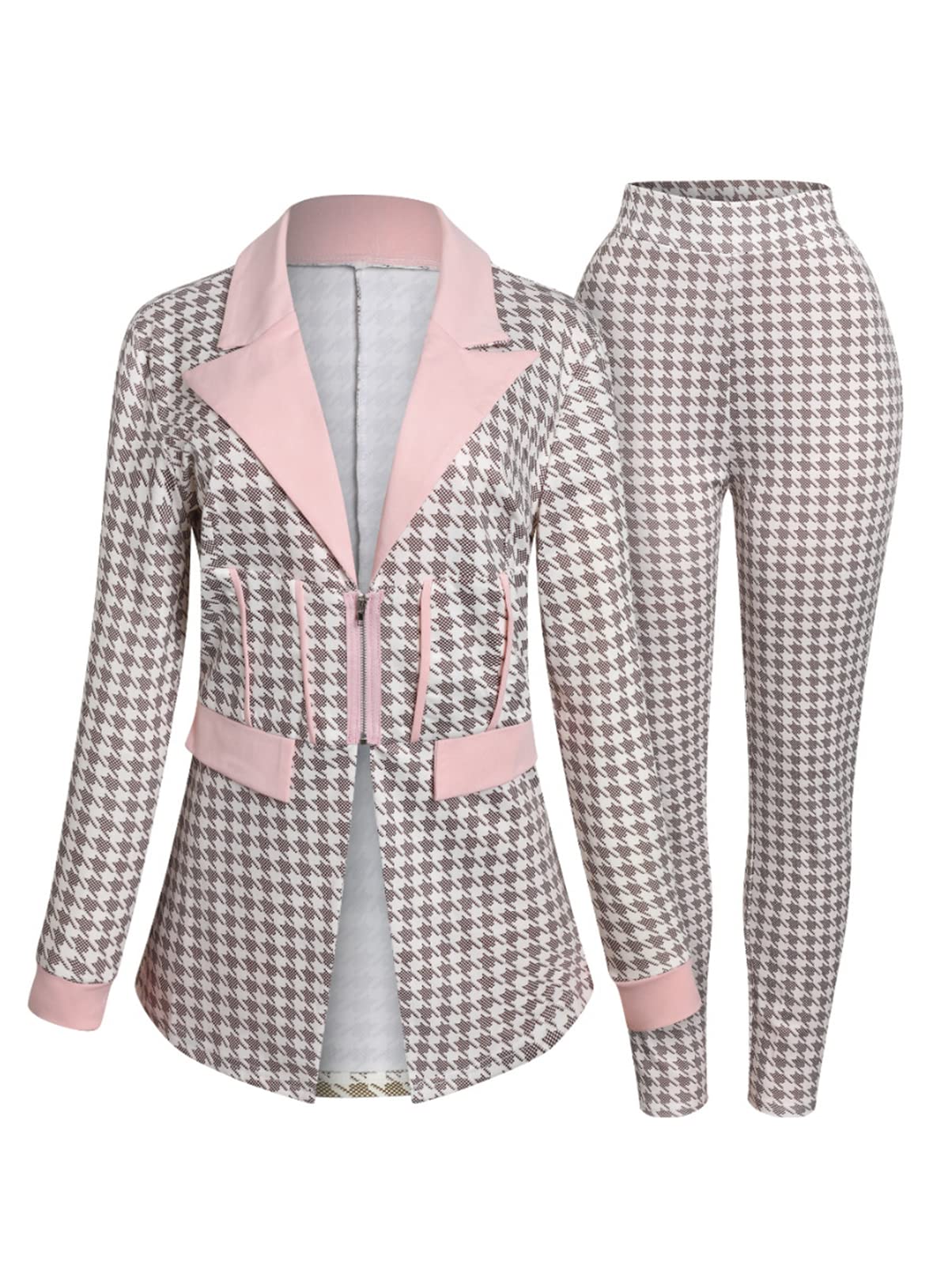 Womesn Sexy 2 Pieces Houndstooth Printed Blazer Jackets Bodycon Pants Party Clubwear Tracksuit Outfits Suit Set(Pink,M)