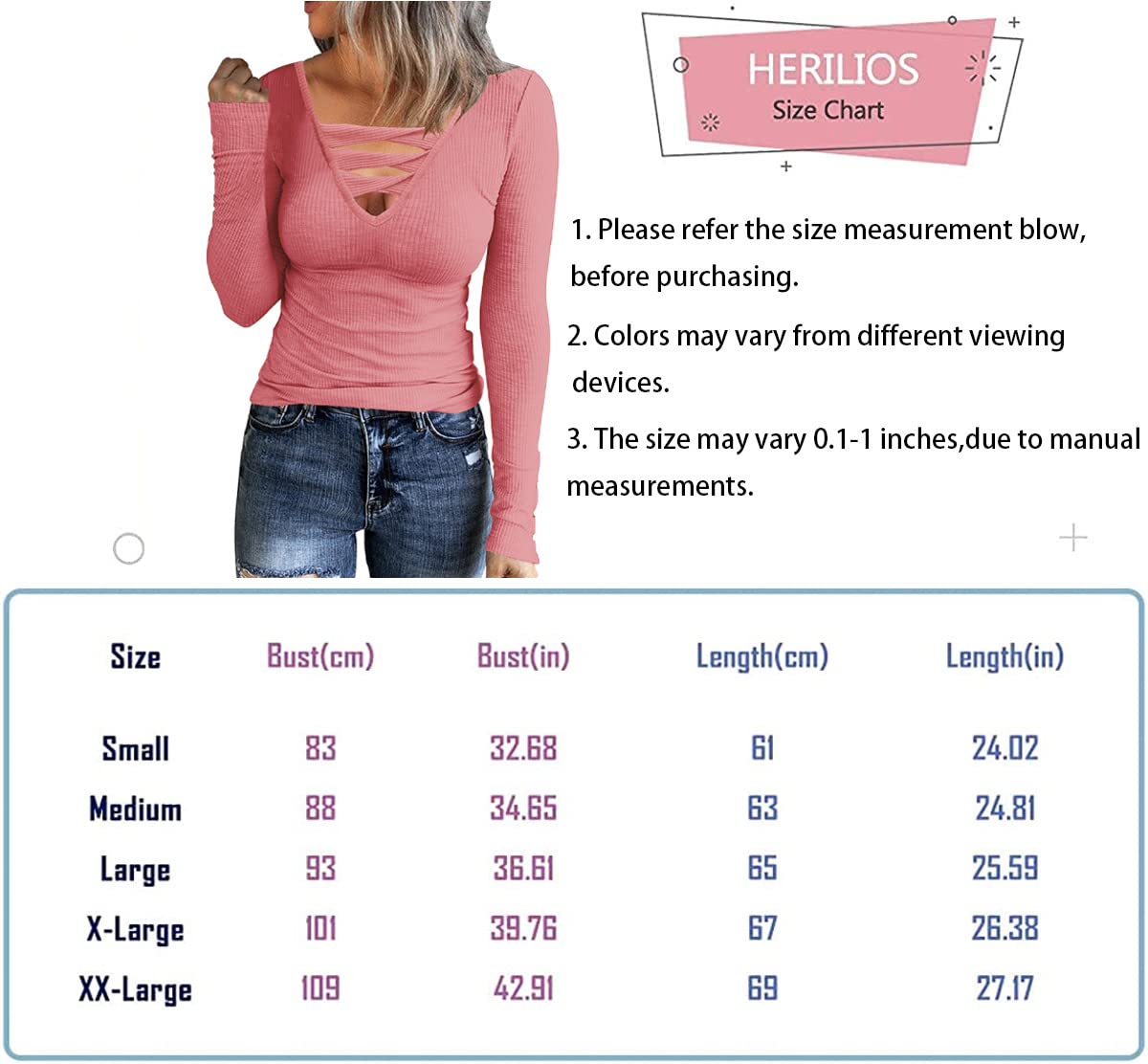 HERILIOS Women Casual Long Sleeve Tunic Tops V-Neck T Shirts Criss Cross Ribbed CasualTee Slim Fitted Fall Blouse Dark Grey