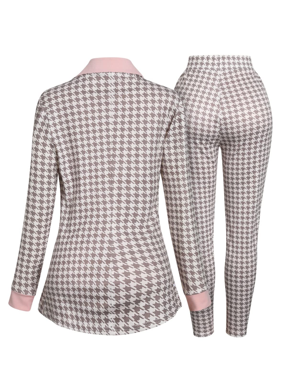 Womesn Sexy 2 Pieces Houndstooth Printed Blazer Jackets Bodycon Pants Party Clubwear Tracksuit Outfits Suit Set(Pink,M)