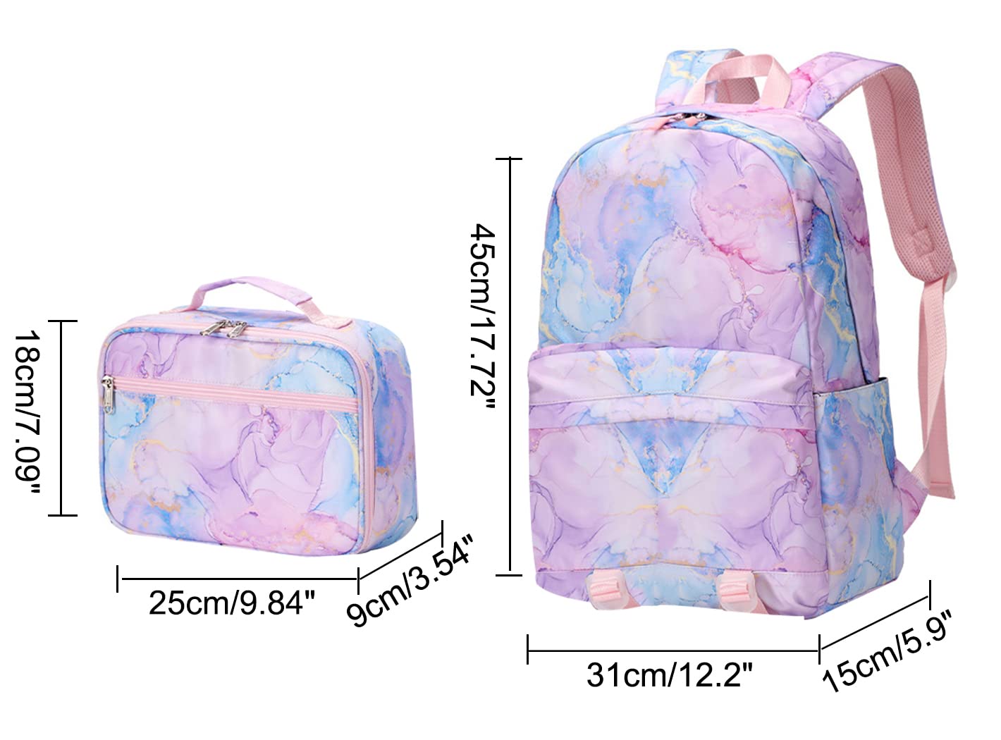 JiaYou Junior high school Backpack Sets 2Pcs Daypack with Lunch case Girls Middle school Bag(Purple,20 Liters)