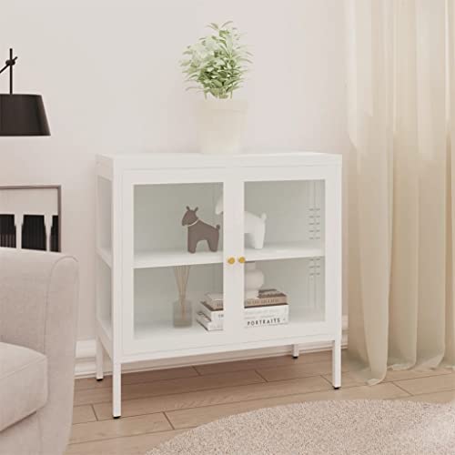 Homvdxl Metal Sideboard Buffet Cabinet, Kitchen Storage Cabinet with 2 Glass Doors & Adjustable Shelves, Double Wide Buffets Table for Bar, Dining Room, Cupboard Console Table 28x14x28 White