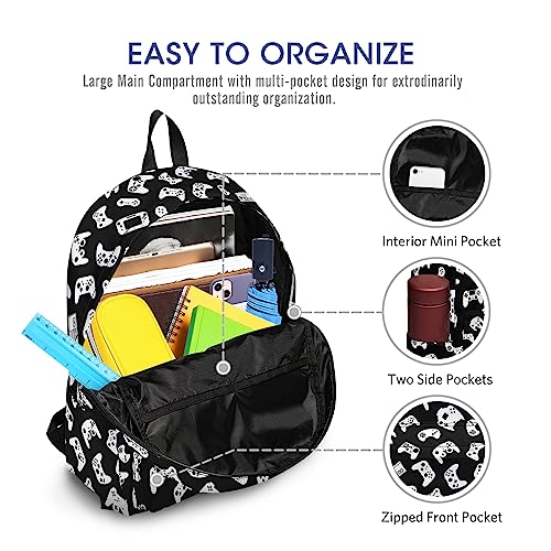 Lightweight Gamer Boys School Backpack, Classic Bassic Bookbag for Middle School Students, Cute Game Patterned Casual Daypack for College, Travel, Work with 15-Inch Laptop Compartment, 17 IN-Black