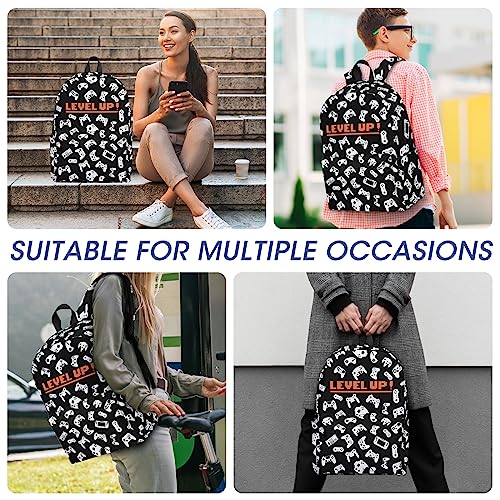 Lightweight Gamer Boys School Backpack, Classic Bassic Bookbag for Middle School Students, Cute Game Patterned Casual Daypack for College, Travel, Work with 15-Inch Laptop Compartment, 17 IN-Black