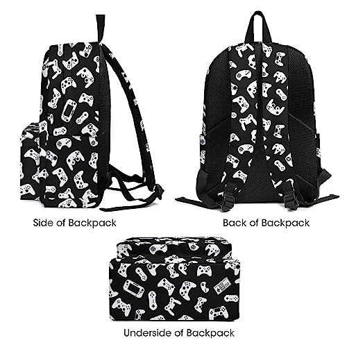 Lightweight Gamer Boys School Backpack, Classic Bassic Bookbag for Middle School Students, Cute Game Patterned Casual Daypack for College, Travel, Work with 15-Inch Laptop Compartment, 17 IN-Black