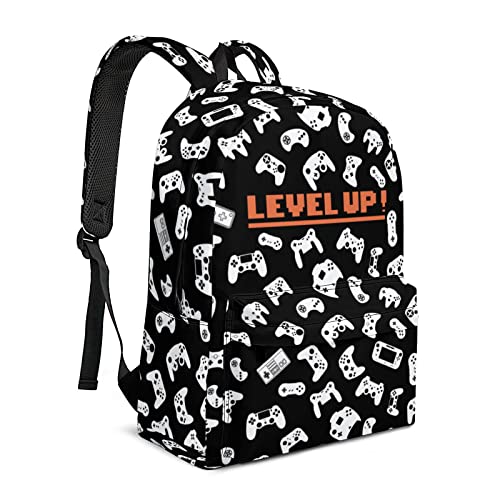 Lightweight Gamer Boys School Backpack, Classic Bassic Bookbag for Middle School Students, Cute Game Patterned Casual Daypack for College, Travel, Work with 15-Inch Laptop Compartment, 17 IN-Black