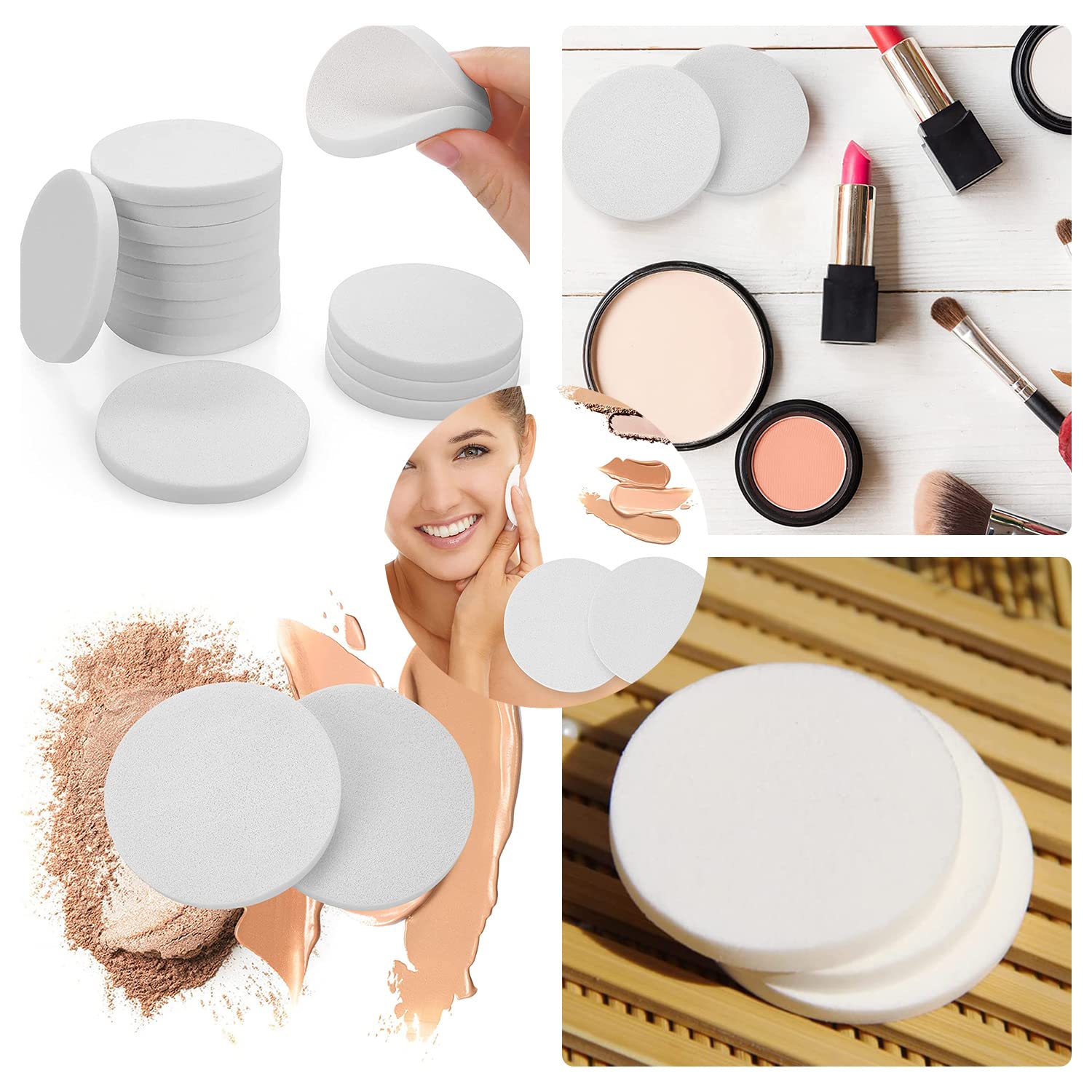 SMGSP 50 Pieces White Round Makeup Sponge Powder Puffs, Cosmetic Sponge Round Foam Pad, Makeup Beauty Eye Face Foundation Blender Suitable for All Skin Types, Wet and Dry Dual Use