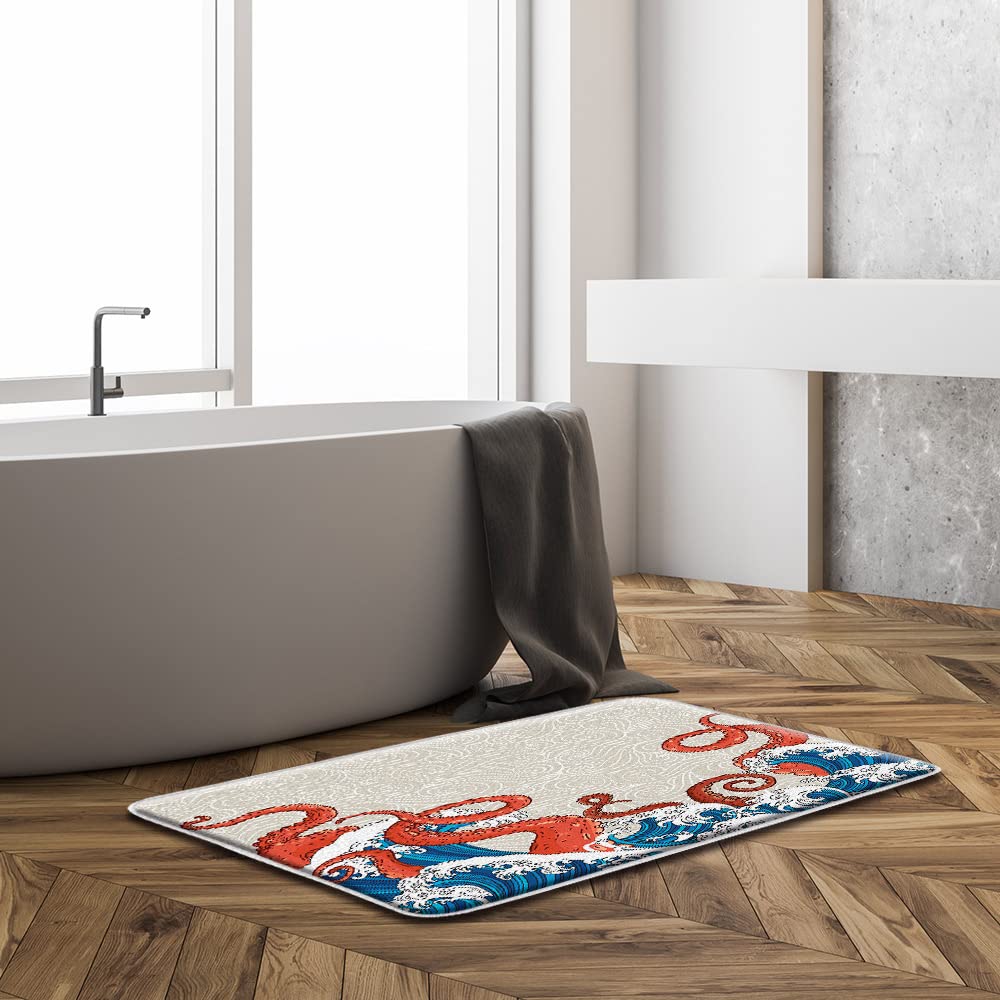 CCXTCZ Octopus Great Wave Bath Mat Red Kraken Tentacles Blue Ocean Wave Nautical Sea Marine Life Japanese Art Modern Creative Microfiber Memory Foam Bathroom Decor Kitchen Bath Rugs,17.8"x 29.5"