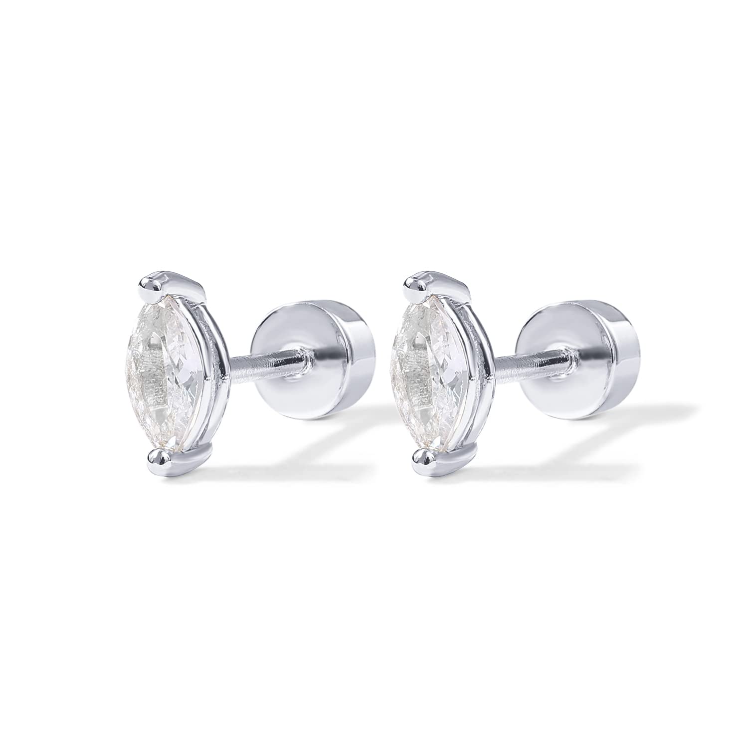 PAVOI Rhodium Plated Solid 925 Sterling Silver Post Cubic Zirconia Flat Back Earrings for Women | Marquise Cartilage Earring | Helix Piercing Jewelry | Small Stud Earrings