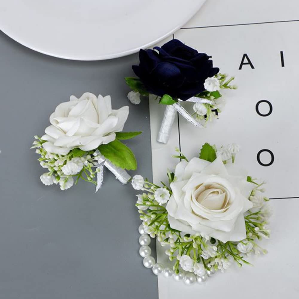 Corsage and Boutonniere Set,2PCS Artificial Rose Wrist Corsage Wristlet,for Wedding Bridal Bridesmaid Wrist Corsage Corsage Ball Decoration (Dark Blue)