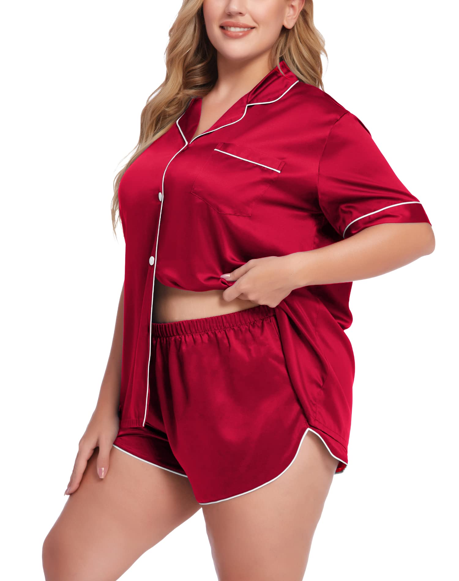 SWOMOG Womens Satin Plus Size Pajamas Silk Button Down Shorts Set Pajama Shorts 2Pcs Short Sleeve Pjs Sets Loungewear Red