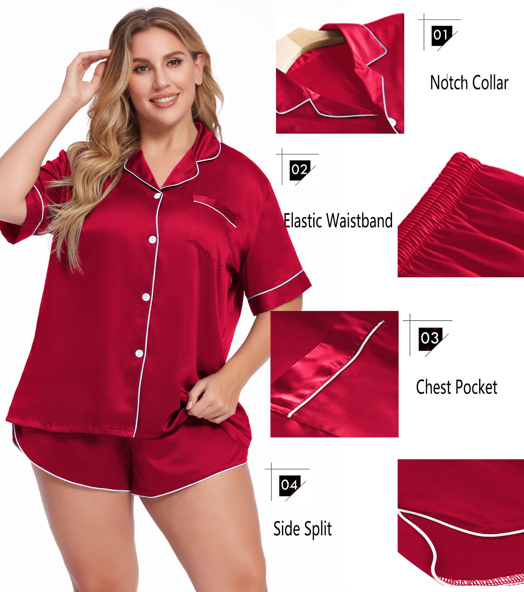 SWOMOG Womens Satin Plus Size Pajamas Silk Button Down Shorts Set Pajama Shorts 2Pcs Short Sleeve Pjs Sets Loungewear Red