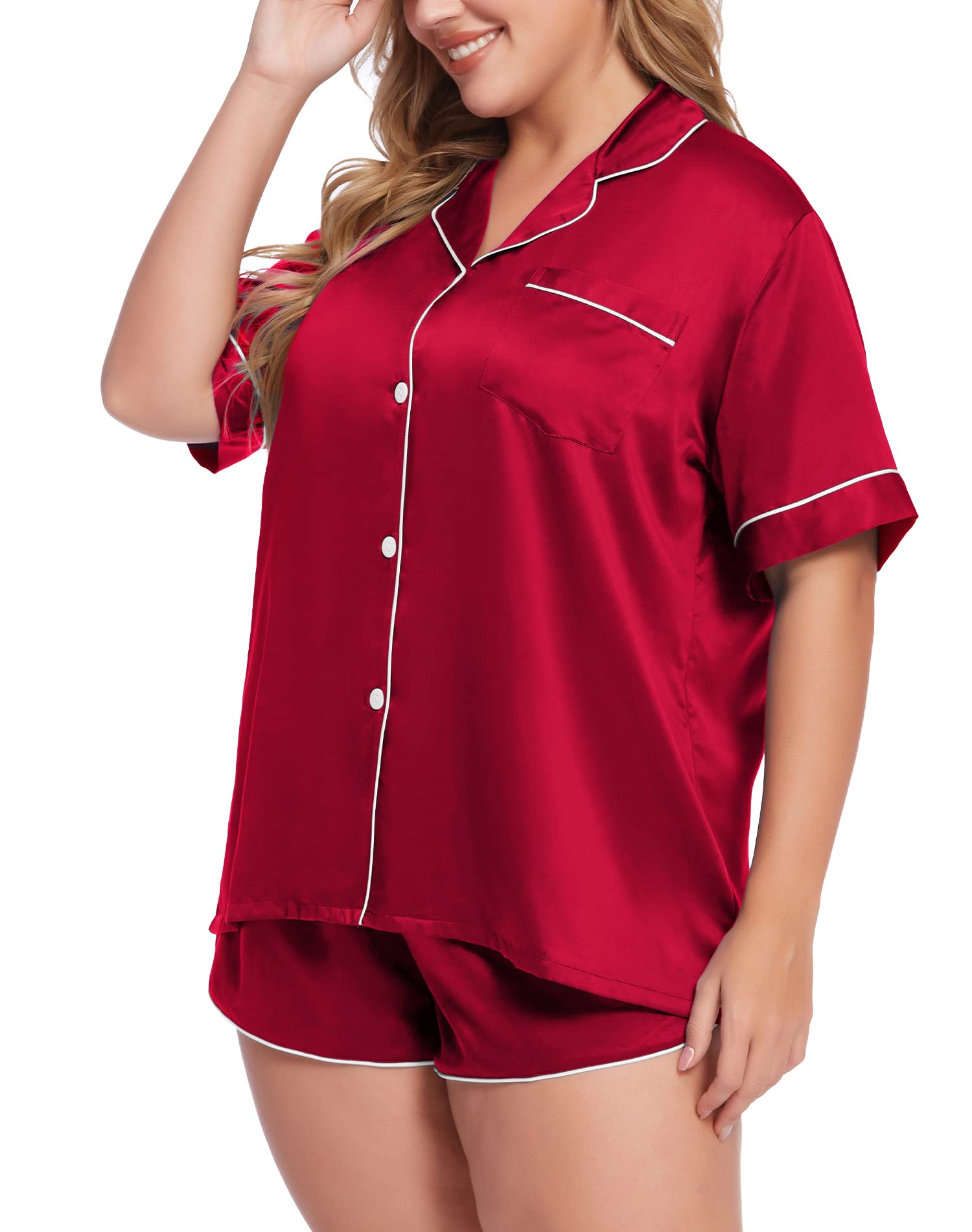 SWOMOG Womens Satin Plus Size Pajamas Silk Button Down Shorts Set Pajama Shorts 2Pcs Short Sleeve Pjs Sets Loungewear Red