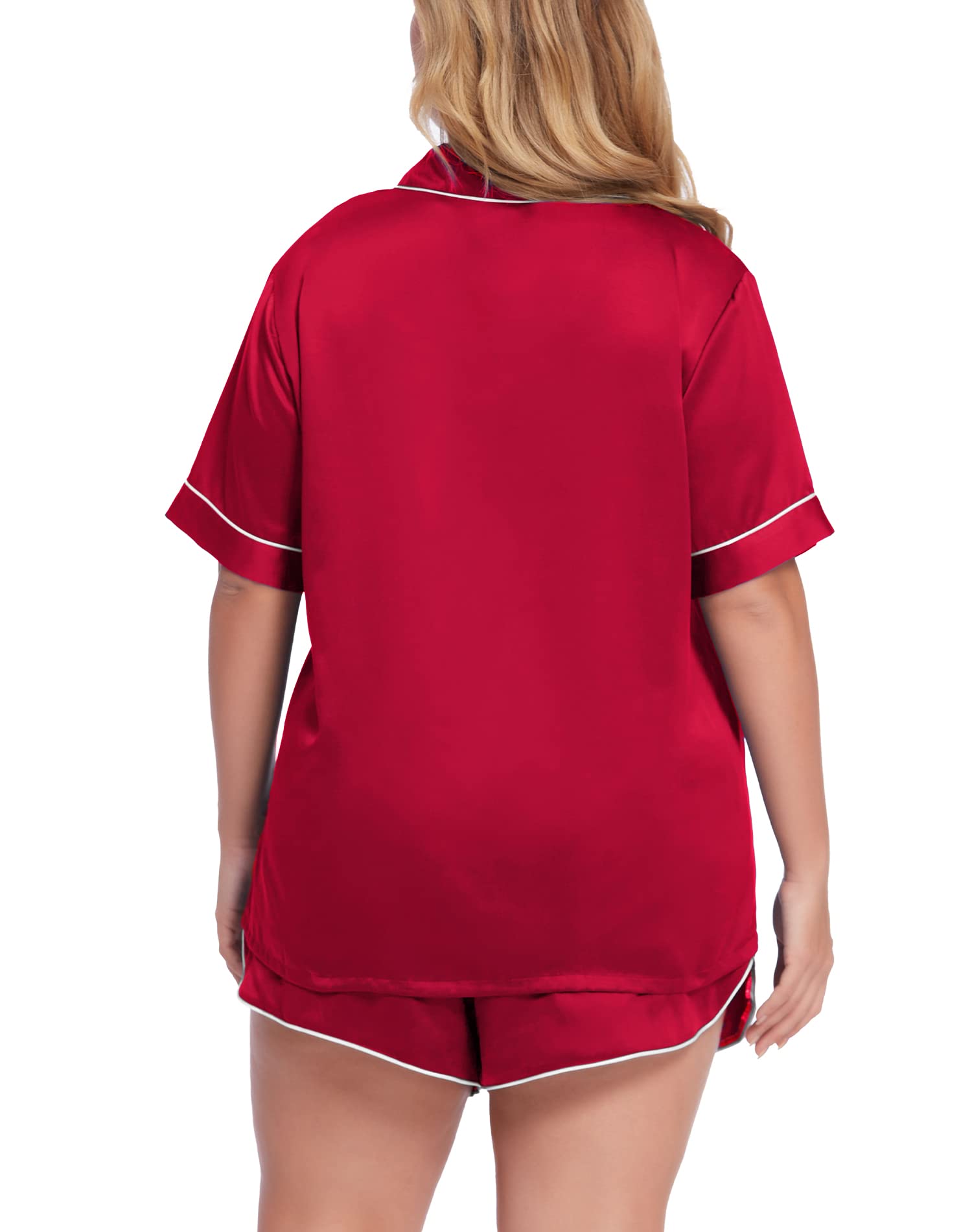 SWOMOG Womens Satin Plus Size Pajamas Silk Button Down Shorts Set Pajama Shorts 2Pcs Short Sleeve Pjs Sets Loungewear Red
