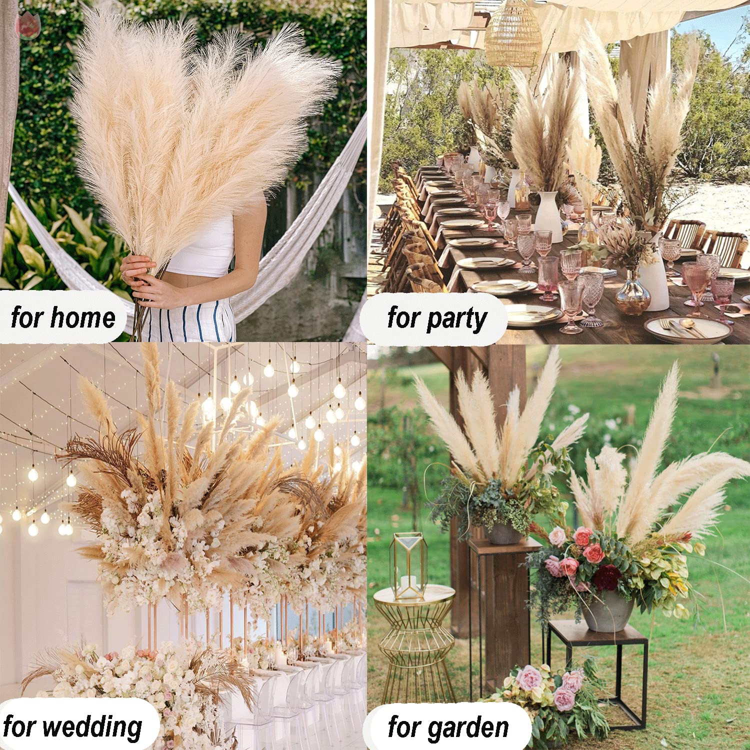 PEMUISE Pampas Grass Decor Tall 43'' 4pcs Pompous Grass Artificial Flowers Faux Pampas Grass Decor Plants Tall Bohemian Style Vase Filler Pampas Grass Branches for Home Office Decor (Beige)