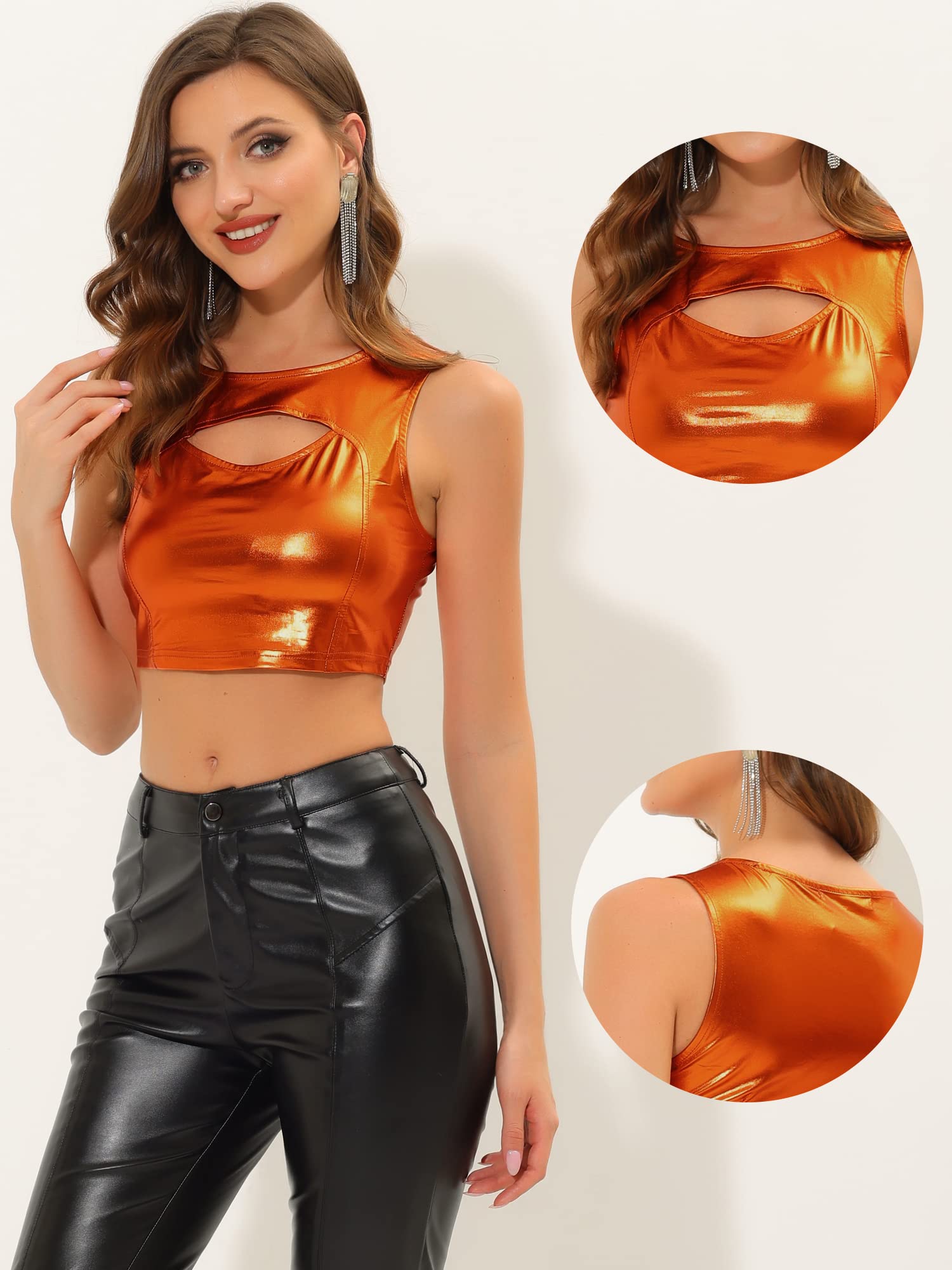 Allegra K Metallic Crop Top for Women's Sleeveless Cut Out Party Clubwear Holographic Tank Tops Medium Orange