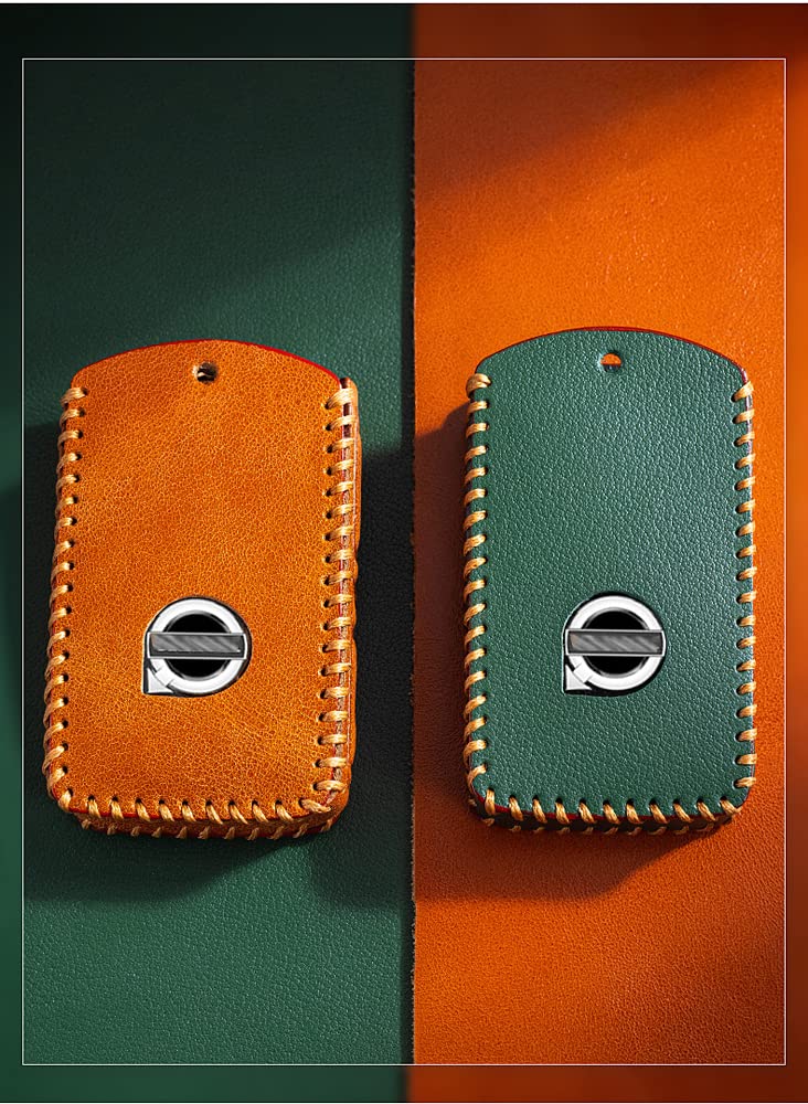 SANRILY Cowhide Leather Key Fob Cover for Volvo XC90 2017 2018 2019 XC60 S90 V90 Key Fob Keyless Full Protection Smart Key Case with Keychain Green