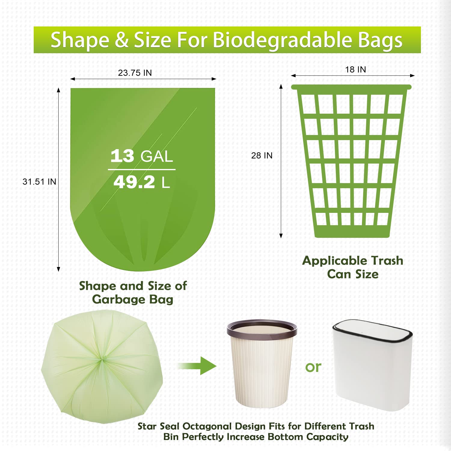 Bio-Bosi Compostable Trash Bags, 13 Gallon Compost Bags, 50 Count 49.2 Liter Extra Thick 0.9 Mil Biodegradable Kitchen Food Scraps Bags, ASTM D6400, US BPI & Europe OK Compost Home Certified