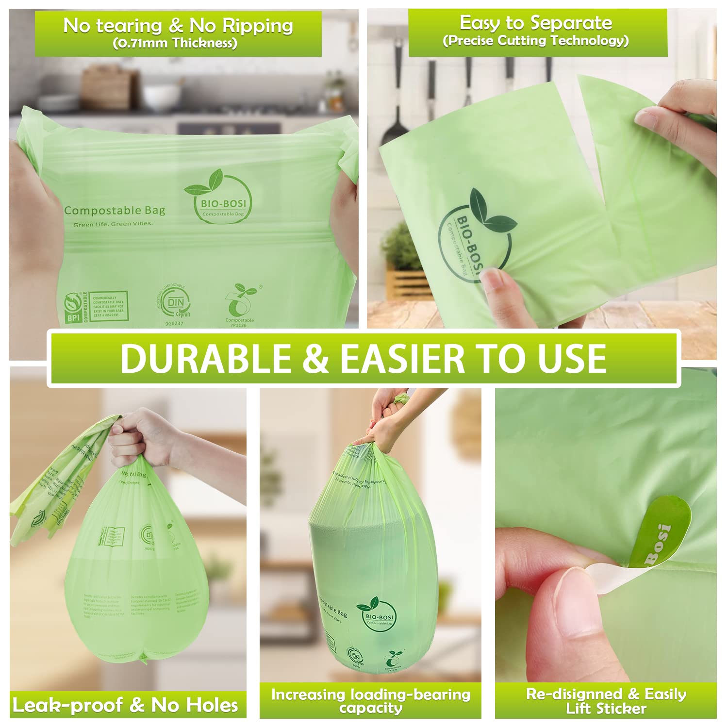 Bio-Bosi Compostable Trash Bags, 13 Gallon Compost Bags, 50 Count 49.2 Liter Extra Thick 0.9 Mil Biodegradable Kitchen Food Scraps Bags, ASTM D6400, US BPI & Europe OK Compost Home Certified