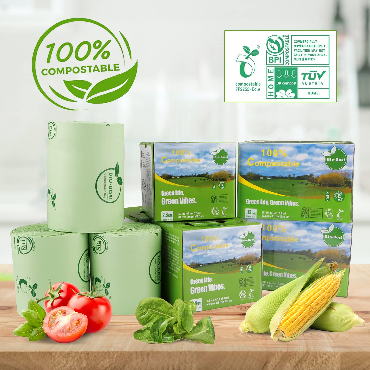 Bio-Bosi Compostable Trash Bags, 13 Gallon Compost Bags, 50 Count 49.2 Liter Extra Thick 0.9 Mil Biodegradable Kitchen Food Scraps Bags, ASTM D6400, US BPI & Europe OK Compost Home Certified