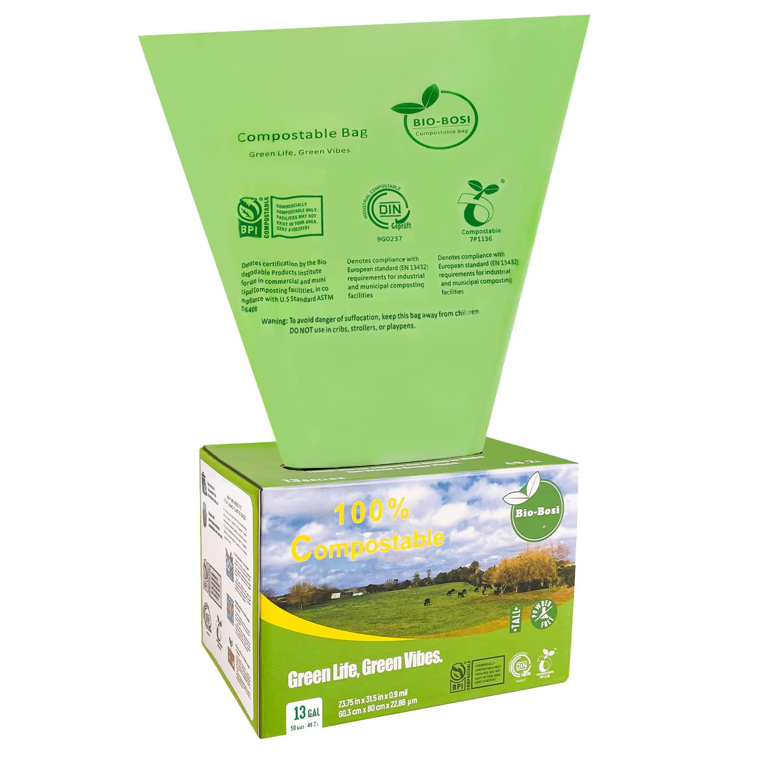 Bio-Bosi Compostable Trash Bags, 13 Gallon Compost Bags, 50 Count 49.2 Liter Extra Thick 0.9 Mil Biodegradable Kitchen Food Scraps Bags, ASTM D6400, US BPI & Europe OK Compost Home Certified