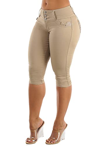 Moda Xpress Womens Juniors Khaki Butt Lifting Mid Rise Denim Capris Size 17 10003U