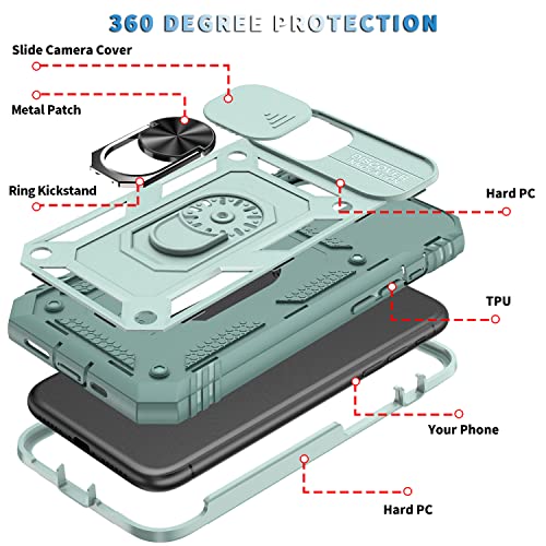 PASNEW for iPhone 11 Pro Case,Camera Slide Cover & 360° Kickstand & Charge Port Dust Plug,Military Multi-Layer Heavy Duty Full Body Shockproof Hard Shell Phone for iPhone 11 Pro,5.8 inch,Green