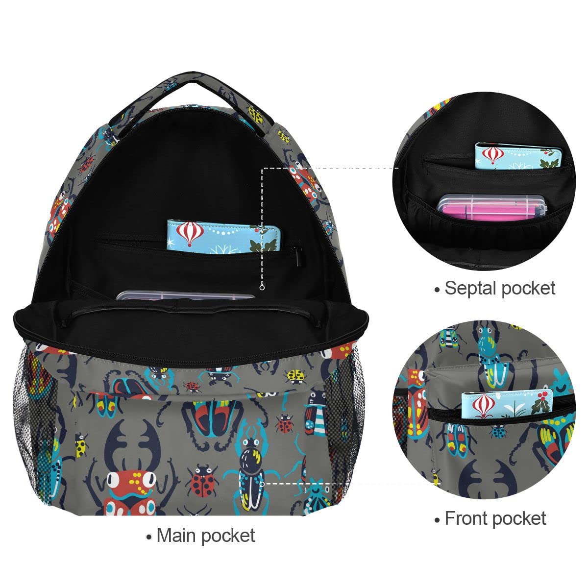 Fisyme Cute Ladybug Bugs Backpack Laptop Bag Daypack Travel Hiking School Backpacks for Men Women Kids Girls Boys