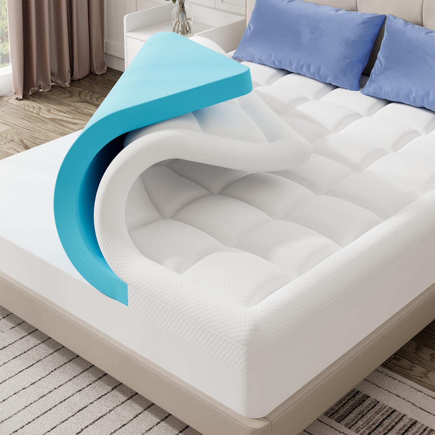 Dual Layer 3 Inch Memory Foam Mattress Topper Full, 2 Inch Cooling Gel Memory Foam Plus 1 Inch Down Alternative Pillowtop Mattress Pad with Cooling Cover, Soft Comfort Support