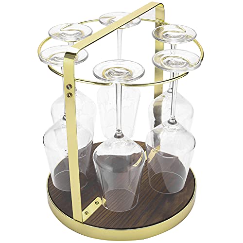 MyGift Modern Brass Metal & Burnt Wood Tabletop Stemware Holder Rack, Wine Glass Serving Caddy
