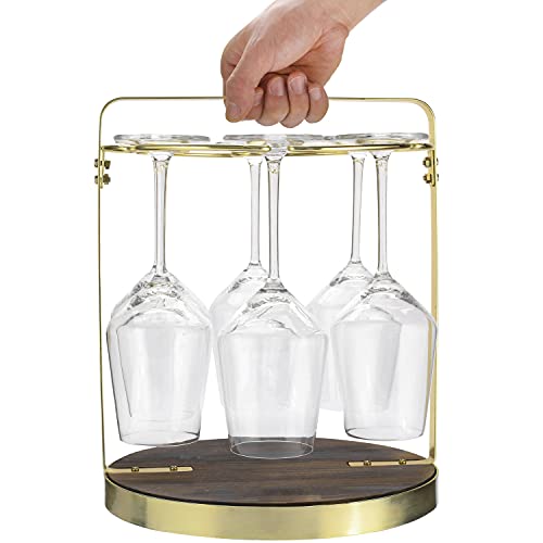 MyGift Modern Brass Metal & Burnt Wood Tabletop Stemware Holder Rack, Wine Glass Serving Caddy