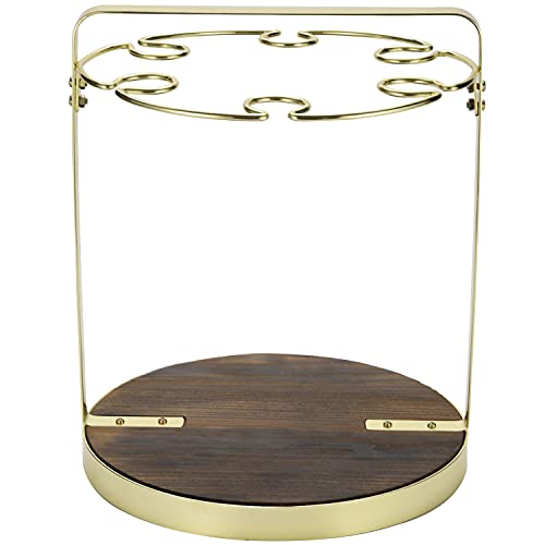 MyGift Modern Brass Metal & Burnt Wood Tabletop Stemware Holder Rack, Wine Glass Serving Caddy