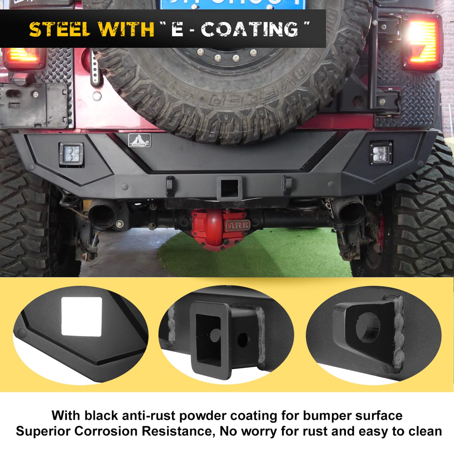 Rear Bumper Compatible for Jeep 2007-2018 Wrangler JK & JKU Unlimited (2/4 Doors),HAWKLEY Rock Crawler Offroad Back Bumper with Hitch Receiver & 2x LED Lights & 2x D-Rings