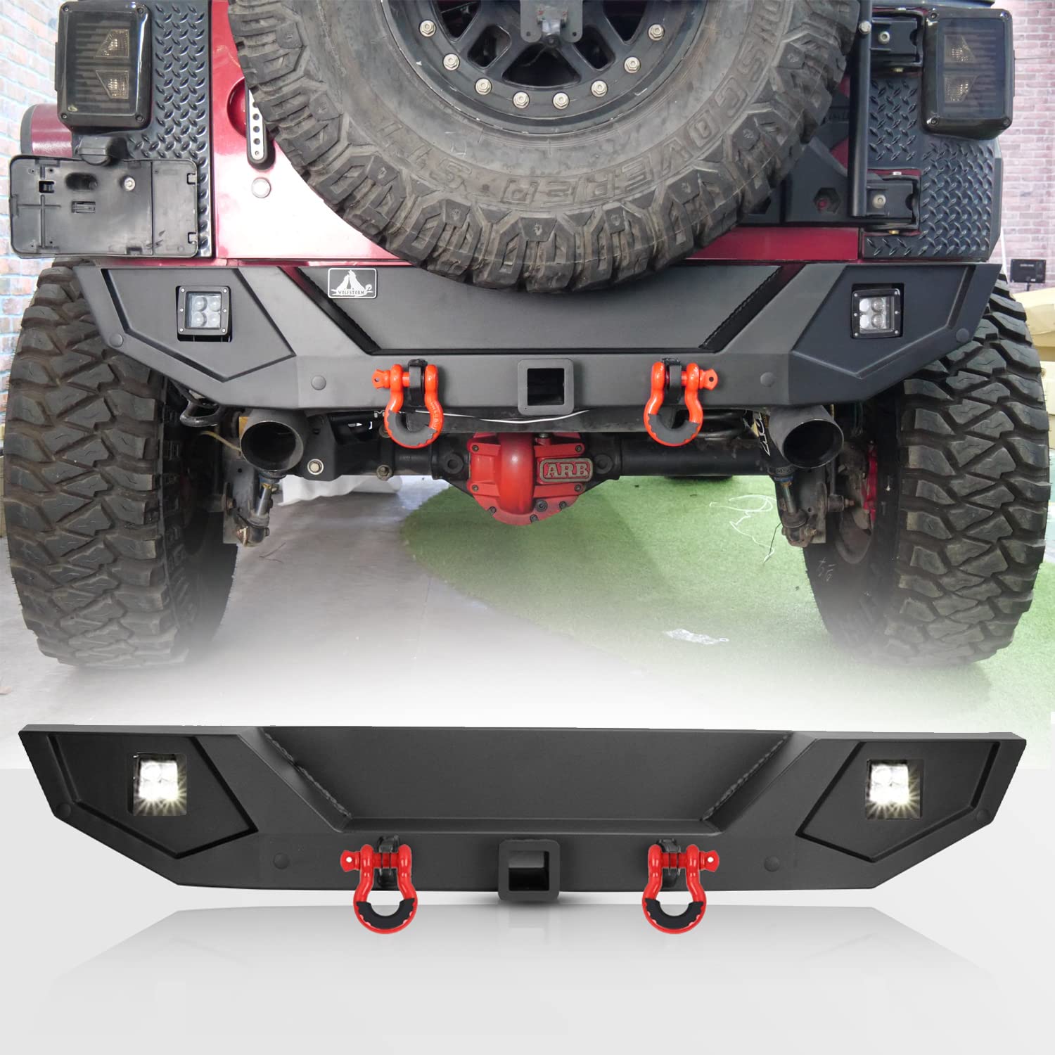 Rear Bumper Compatible for Jeep 2007-2018 Wrangler JK & JKU Unlimited (2/4 Doors),HAWKLEY Rock Crawler Offroad Back Bumper with Hitch Receiver & 2x LED Lights & 2x D-Rings
