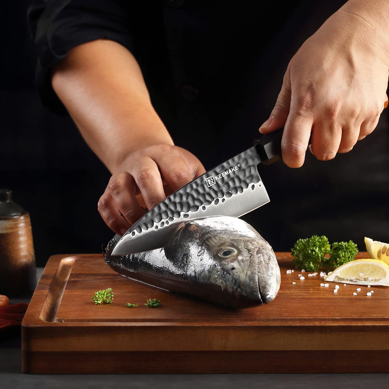 KEEMAKE Deba Knife 6 inch, Double Bevel Japanese 440C Stainless Steel Fish/Fillet Knife with G10 Bolster Octagonal Wood Handle