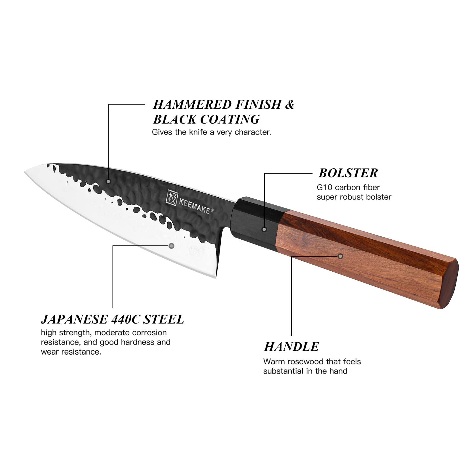 KEEMAKE Deba Knife 6 inch, Double Bevel Japanese 440C Stainless Steel Fish/Fillet Knife with G10 Bolster Octagonal Wood Handle