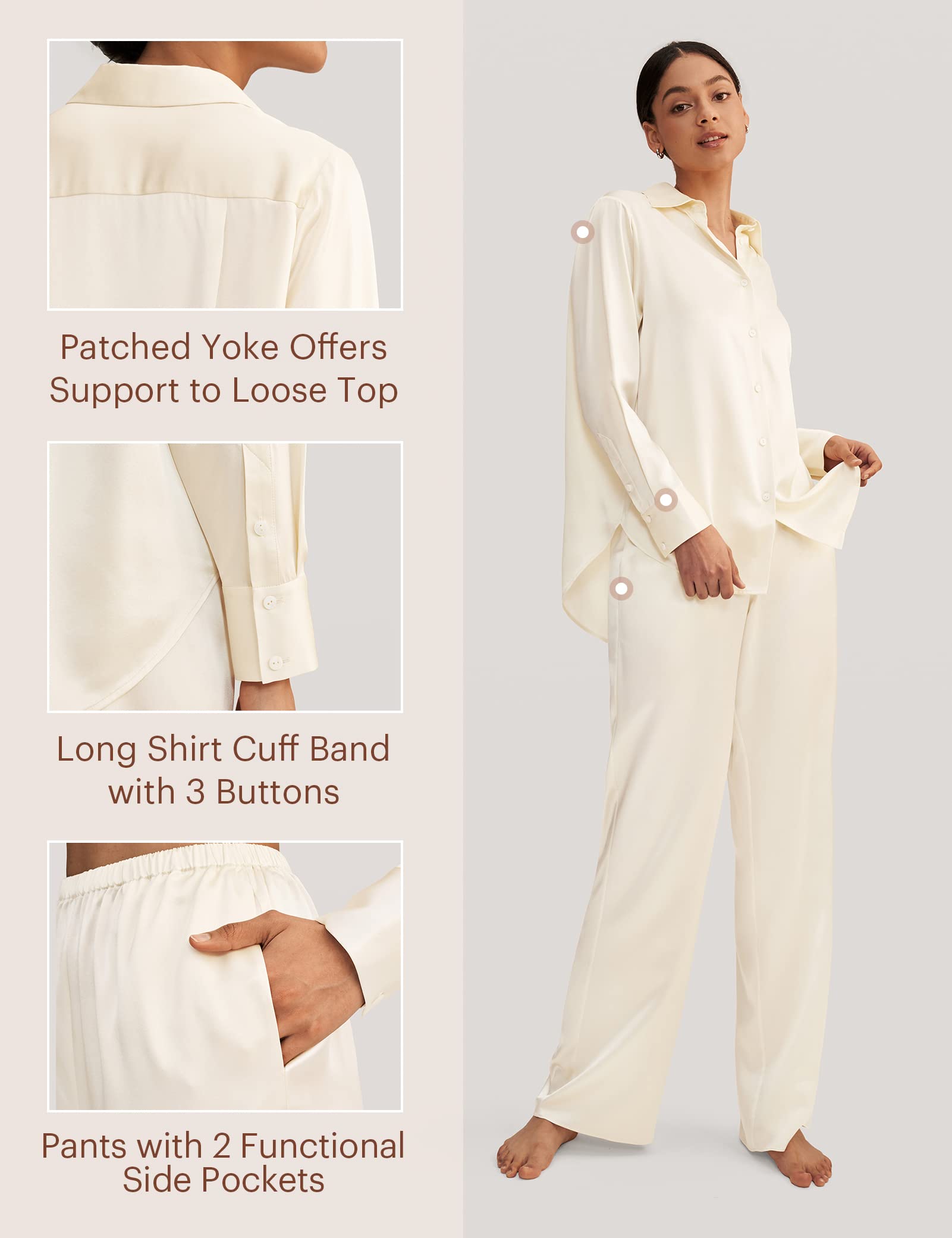 LilySilk Silk Pajama Set for Women Silk 2 pieces Ladies PJ Set Trendy Sleepwear With Double Oblique Pocket, Lily White M