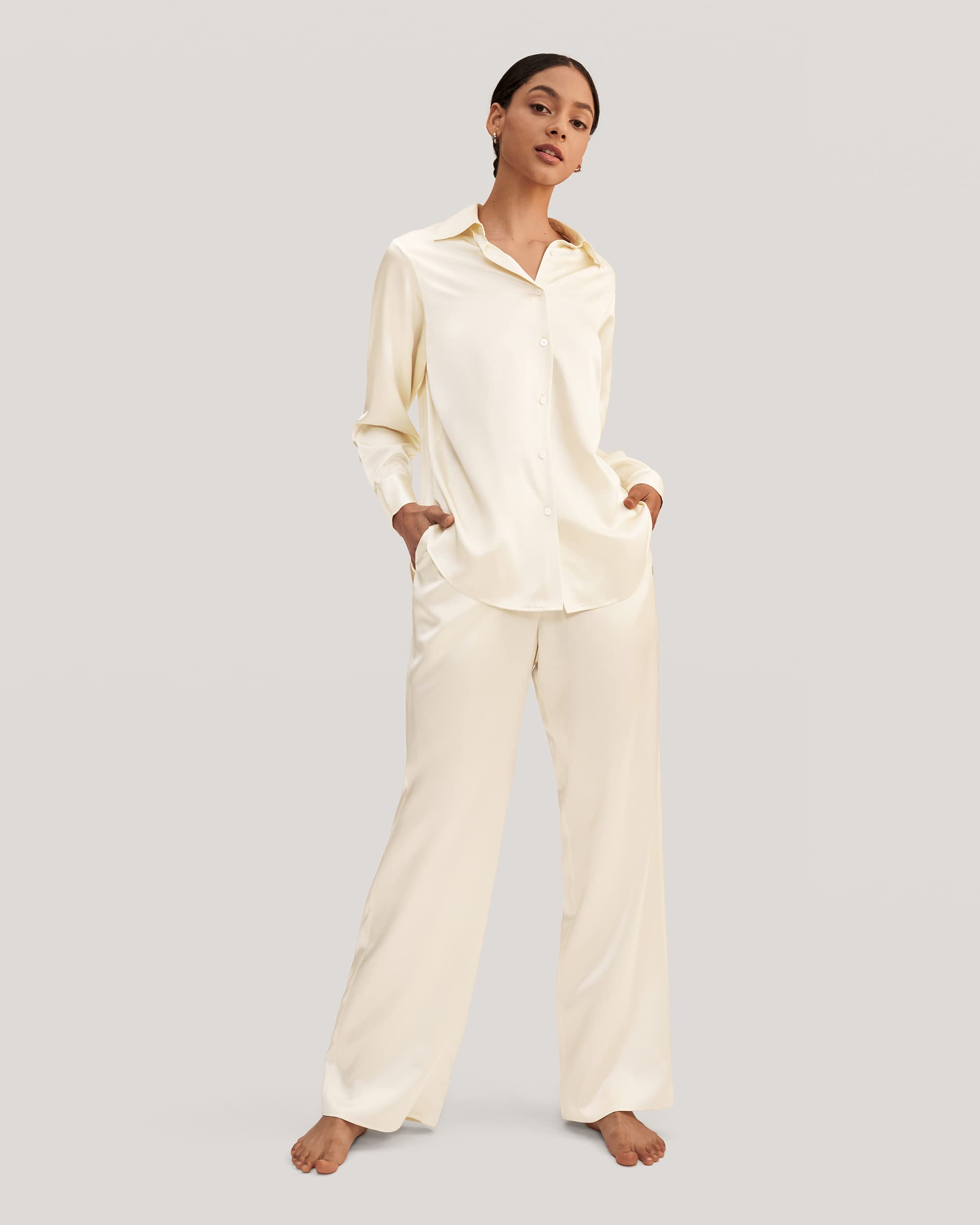 LilySilk Silk Pajama Set for Women Silk 2 pieces Ladies PJ Set Trendy Sleepwear With Double Oblique Pocket, Lily White M
