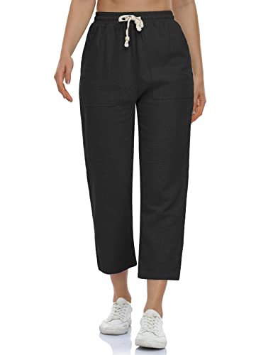 sherelie Linen Pants for Women, Drawstring 4 Pockets High Waisted Lounge Casual Pull-On Beach Pants, Black, XL
