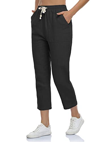 sherelie Linen Pants for Women, Drawstring 4 Pockets High Waisted Lounge Casual Pull-On Beach Pants, Black, XL