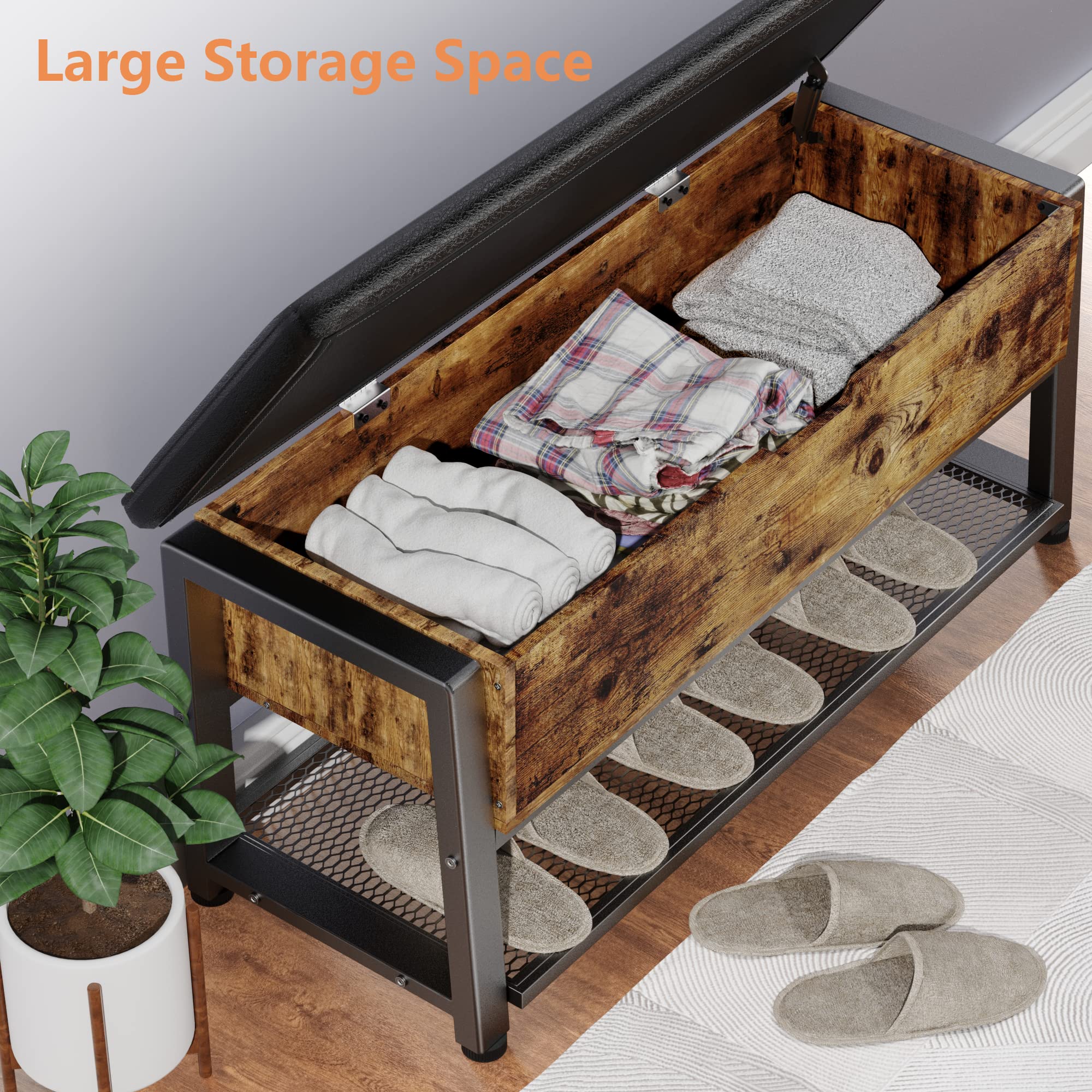 Mr IRONSTONE Shoe Storage Bench, Entryway Bench with Large Lift Top Storage Box and Leather Padded Cushion, Holds Up to 330 LB Shoe Bench for Entryway, Bedroom, Hallway, Bathroom, Rustic Brown
